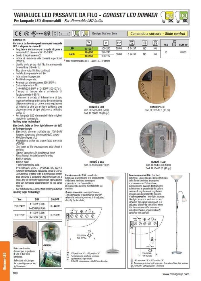 RELCO RONDO VARIALUCE A PASSAFILO ALO.40-250W LED 10-150W 220-240VDC ...