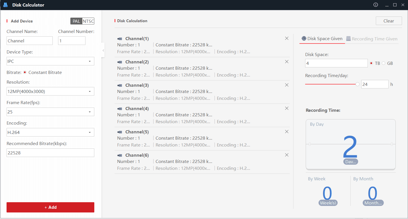 Programma per calcolare i tempi di registrazione di un DVR – NVR in un ...